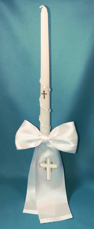 First Communion Candle (With White Ribbon & Gold Cross) – Bambini's World